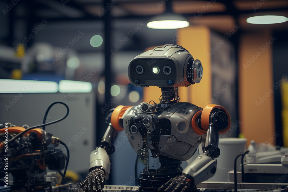 Humanoid robot on an assembly production line in a factory warehouse ...