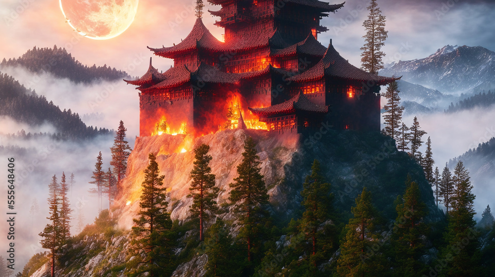 evening landscape with a burning samurai japan castle on a mountain at ...