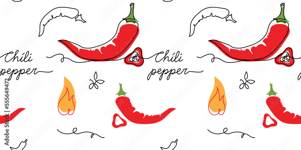 Chili pepper, red hot pepper seamless pattern. One continuous line art ...