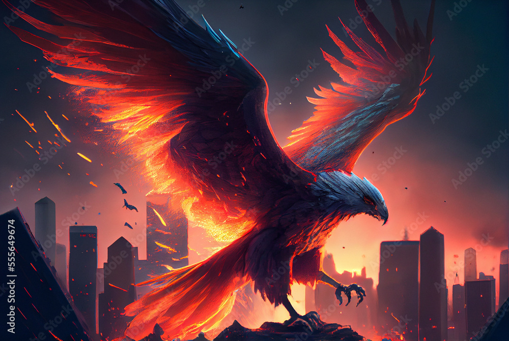 Phoenix bird with spread wings in fire and ashes on the city background ...