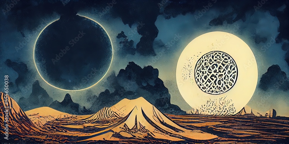 coded geometric sun portal , shattered arabic calligraphic topography ...