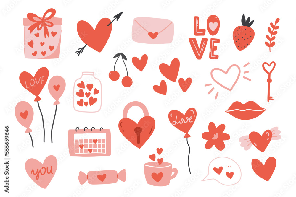 Valentine's day elements set.Hearts, cup, flowers, kiss,and gift boxes ...