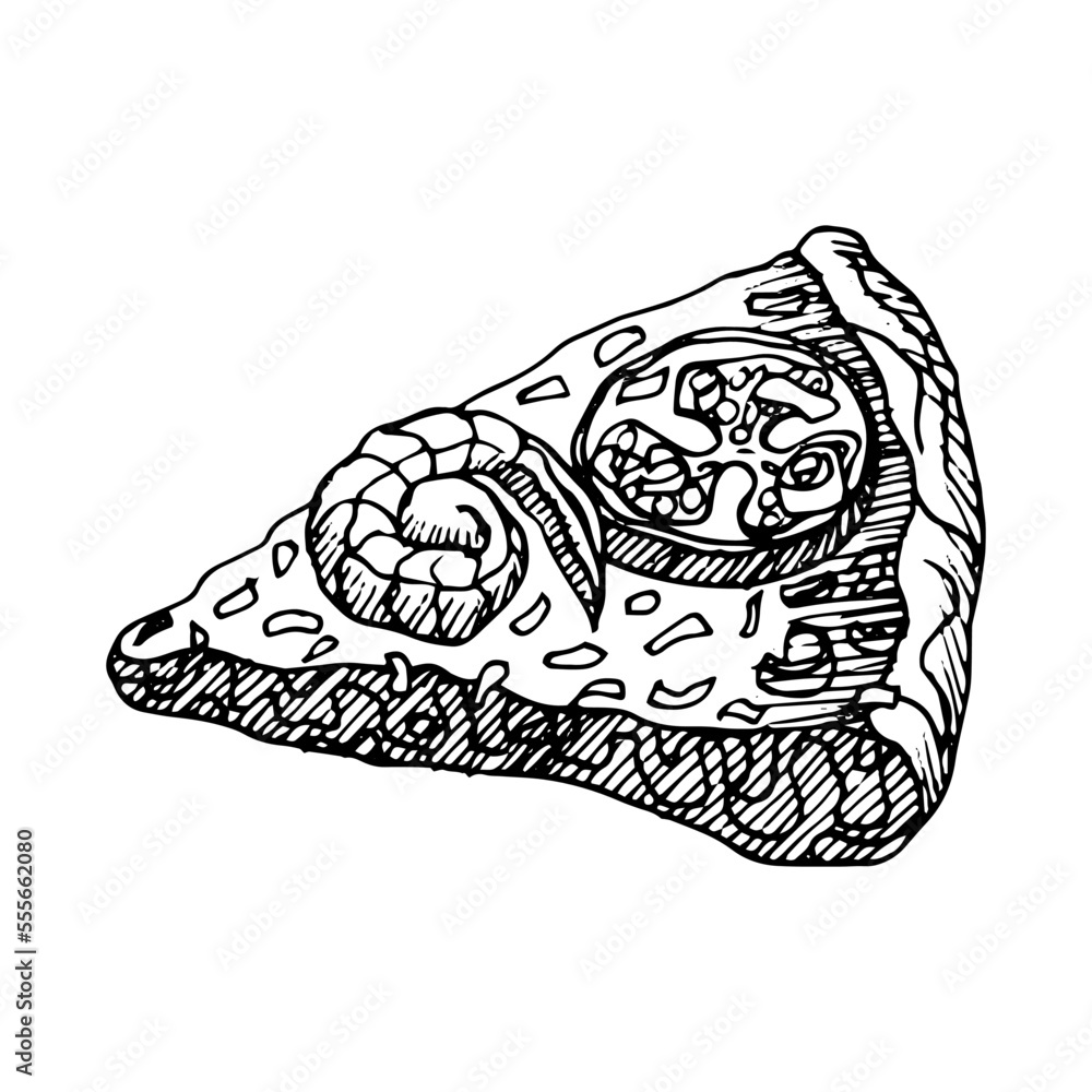 Shrimp pizza slice, vector hand drawing isolated from background. Pizza ...