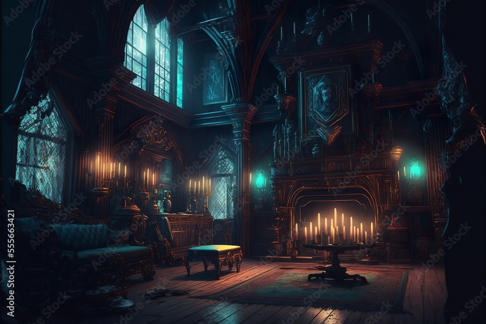 Gothic mansion victorian living room interior with wooden wall design ...