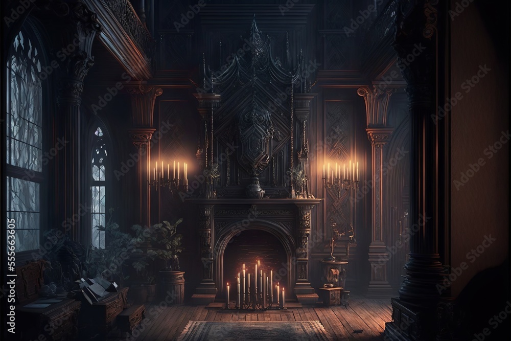 Dark Gothic mansion victorian living room interior with wooden wall ...