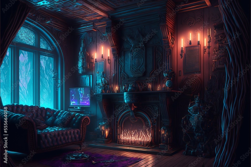 Gothic mansion creepy sci-fi victorian living room interior with wooden ...