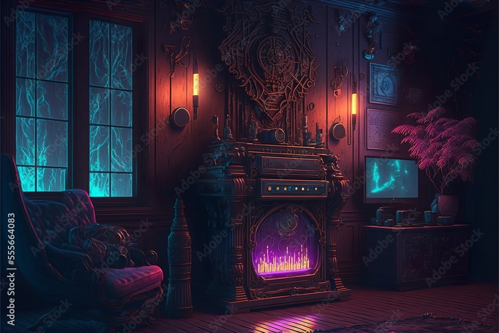 Gothic mansion sci-fi victorian living room interior with wooden wall ...