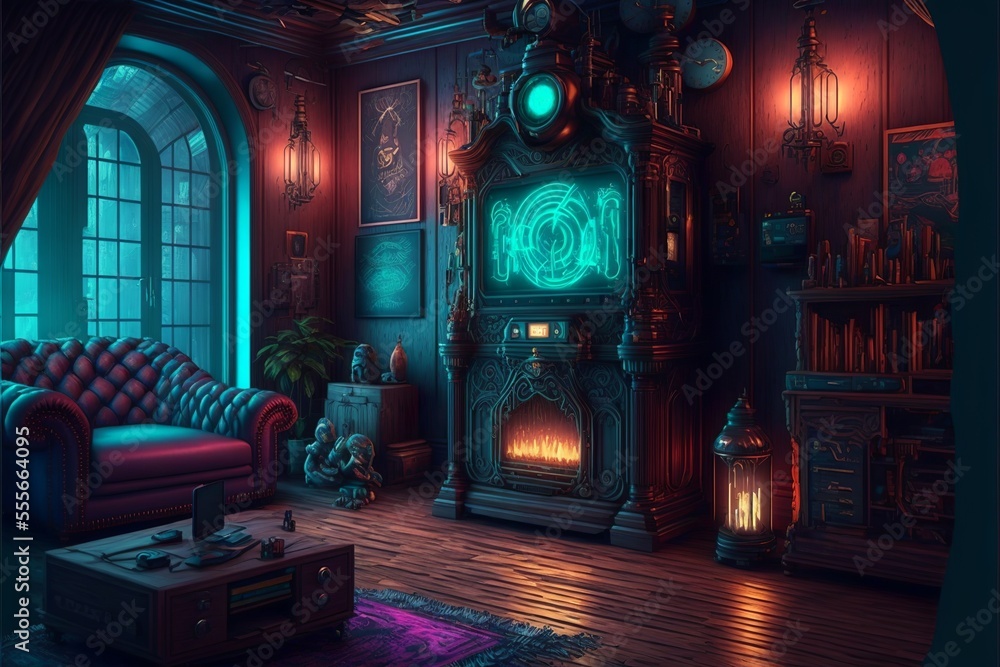 Futuristic Gothic mansion victorian living room interior with wooden ...