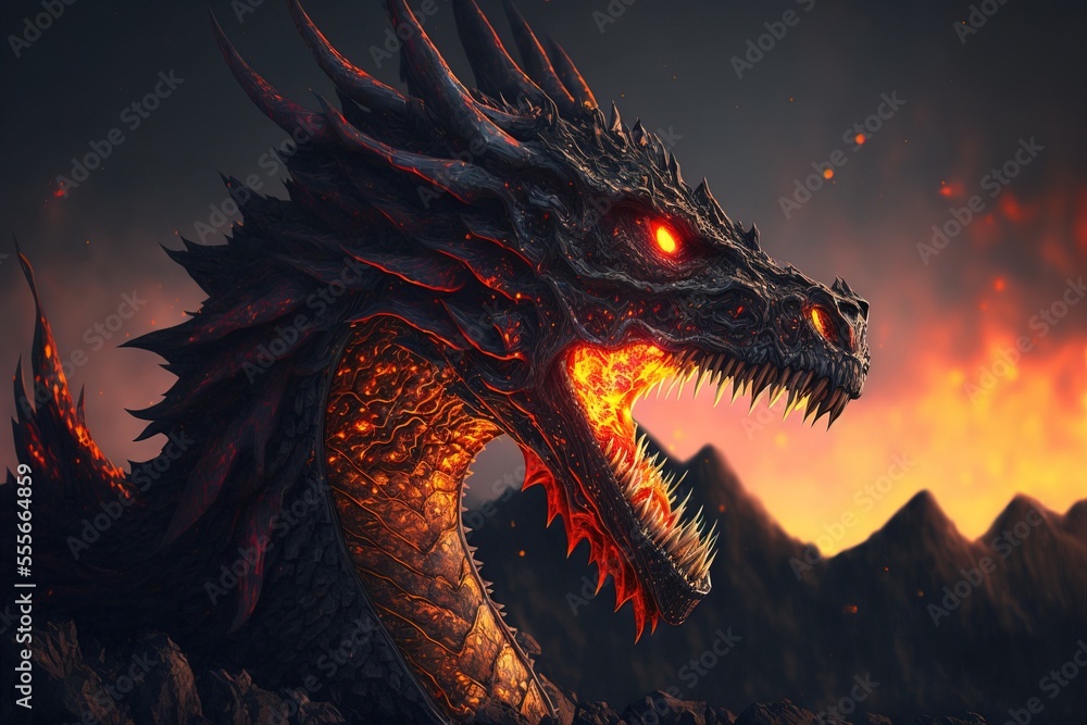 The head of a fire dragon with an open mouth with flames Stock ...