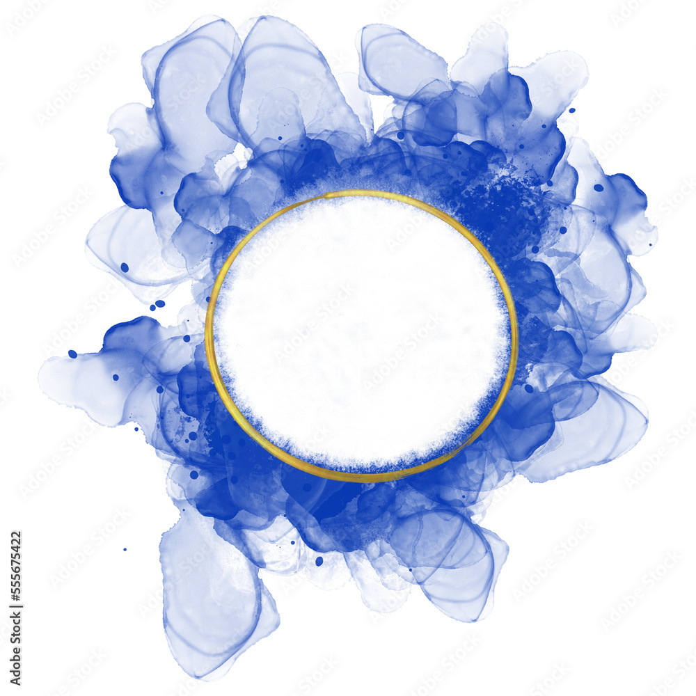 Abstract blue brush stroke overlay with gold circle frame, alcohol ink ...
