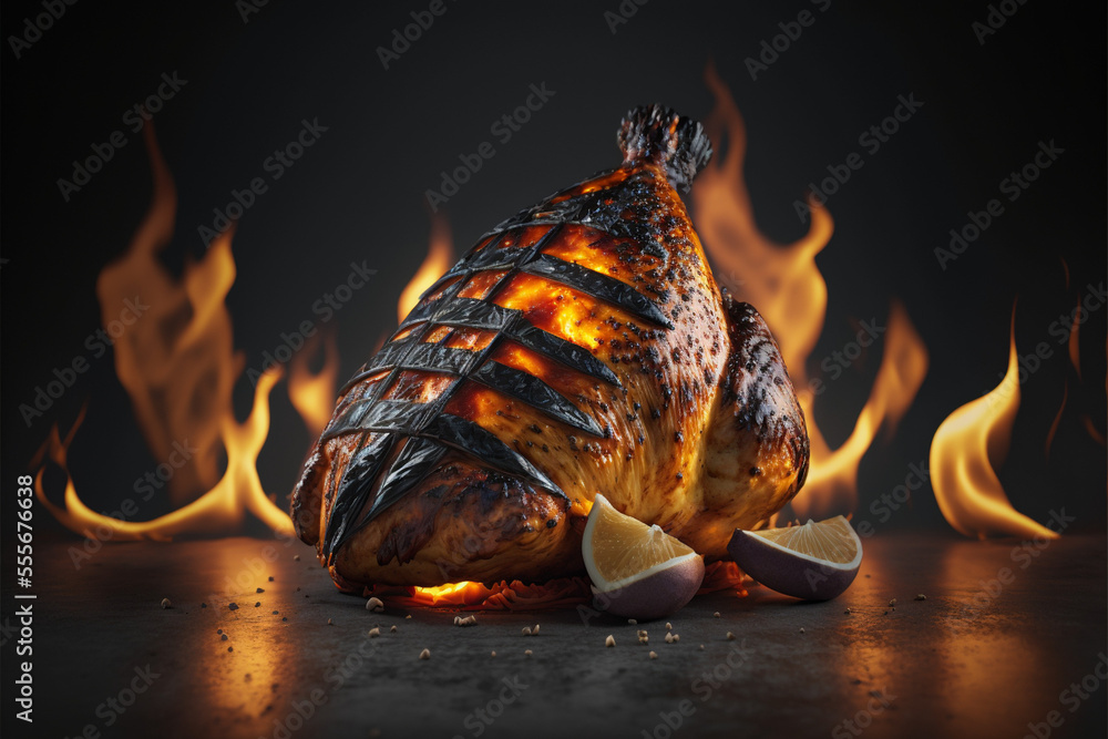 Yummy spicy grilled chicken on a table in a dark black background with ...