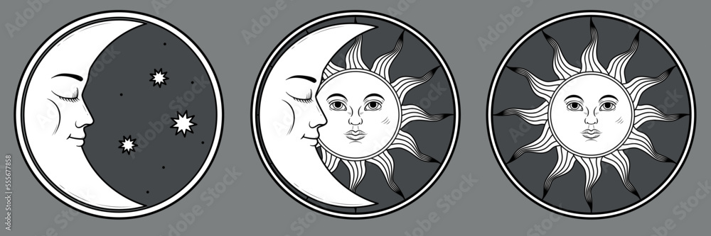 Moon and sun with faces in a round frame collection - retro style ...