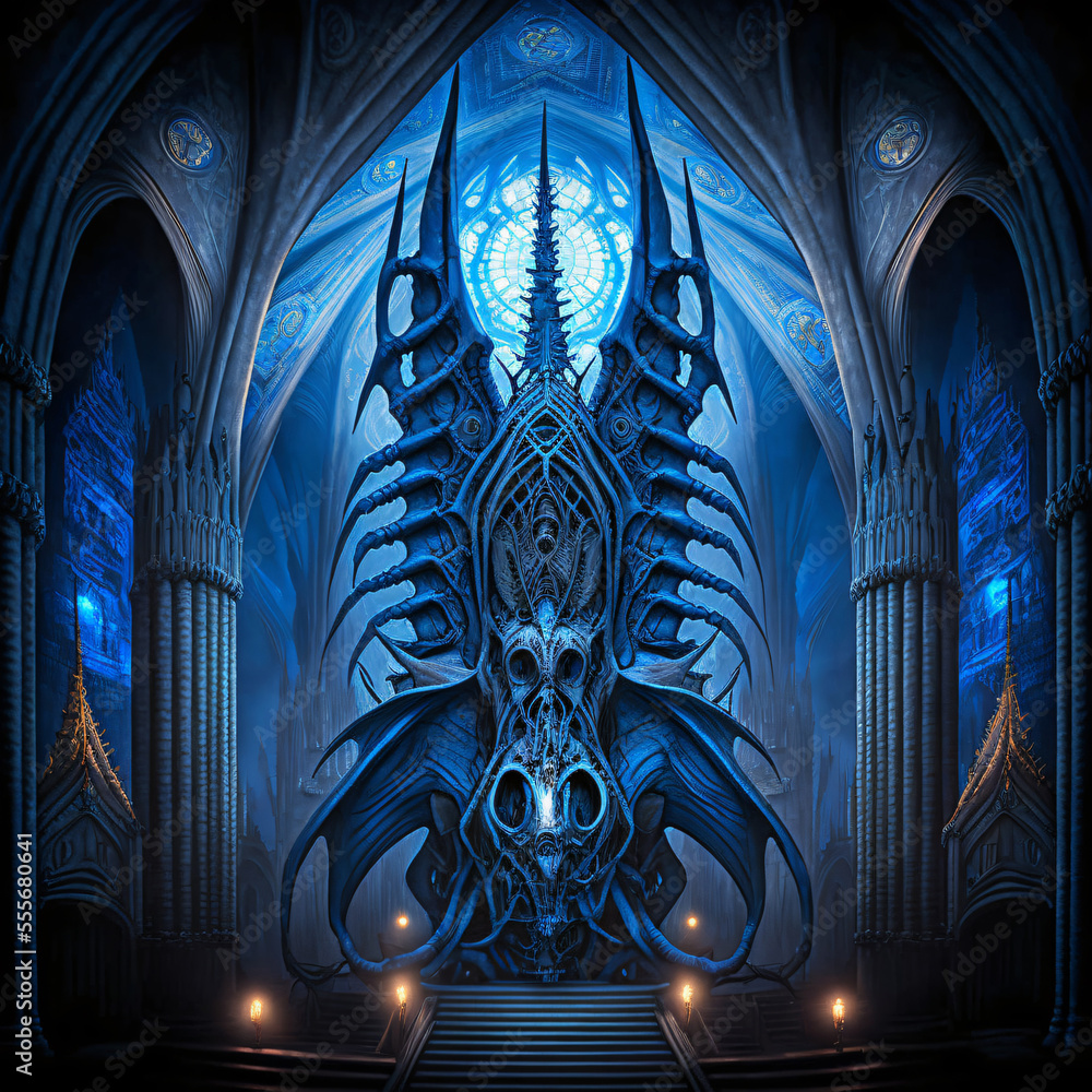 blue alien cathedral, stained glass window in a church, crazy dome ...