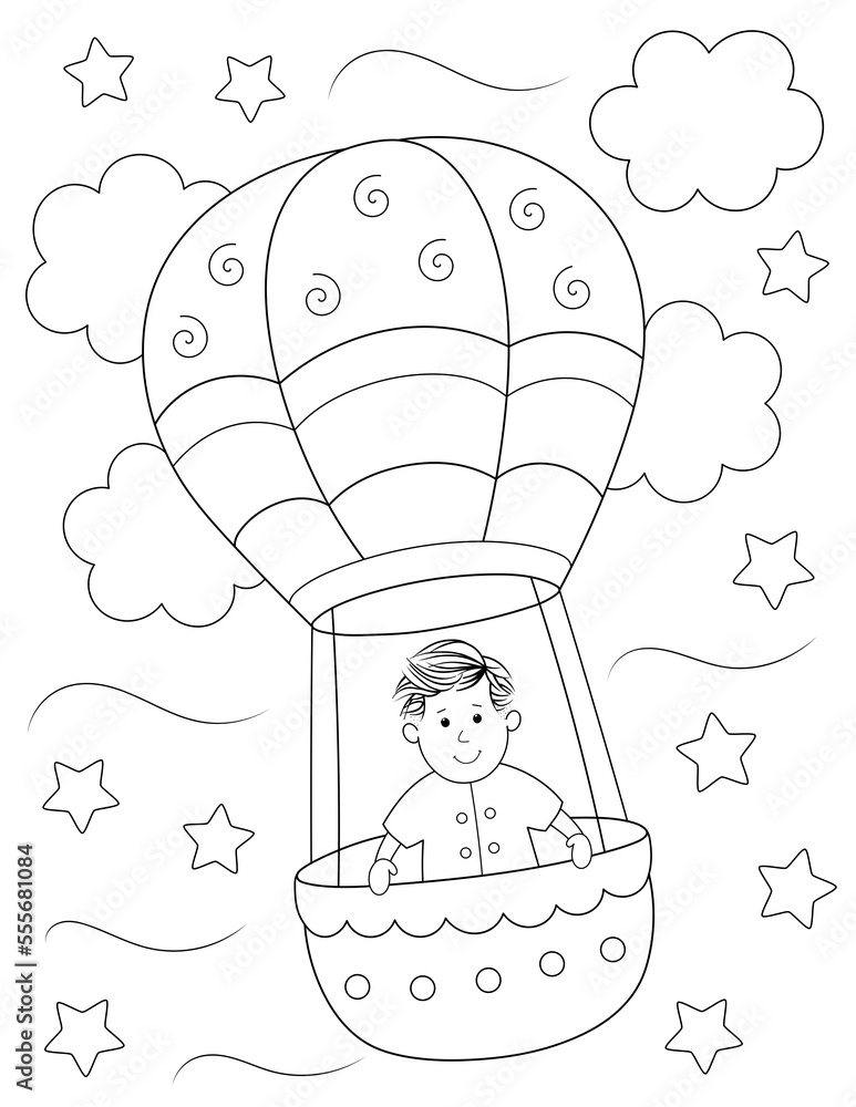cute boy in hot air balloon. coloring page for kids Stock Illustration ...