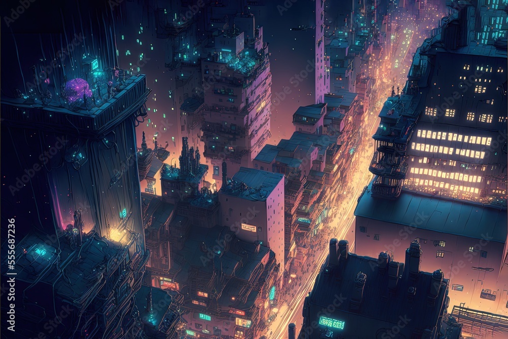 Top down, dutch angle of an anime city at night. Illuminated metropolis ... Top down, dutch angle of an anime city at night. Illuminated metropolis ...