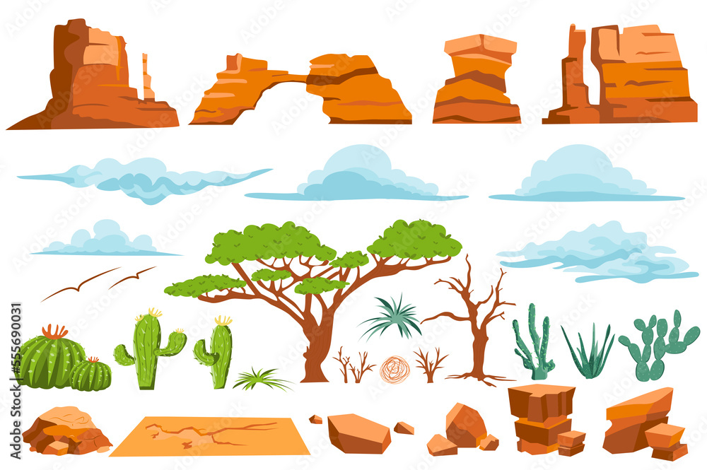 Desert nature isolated graphic elements set in flat design. Bundle of ...