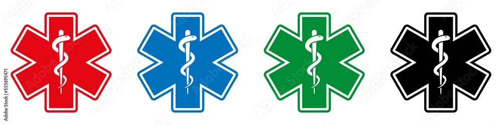 Medical snake and star symbols with different color variations are ...