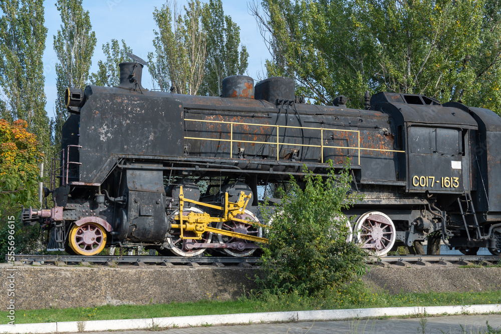 Monument old soviet locomotive. Rarity transport of communism. Steam ...