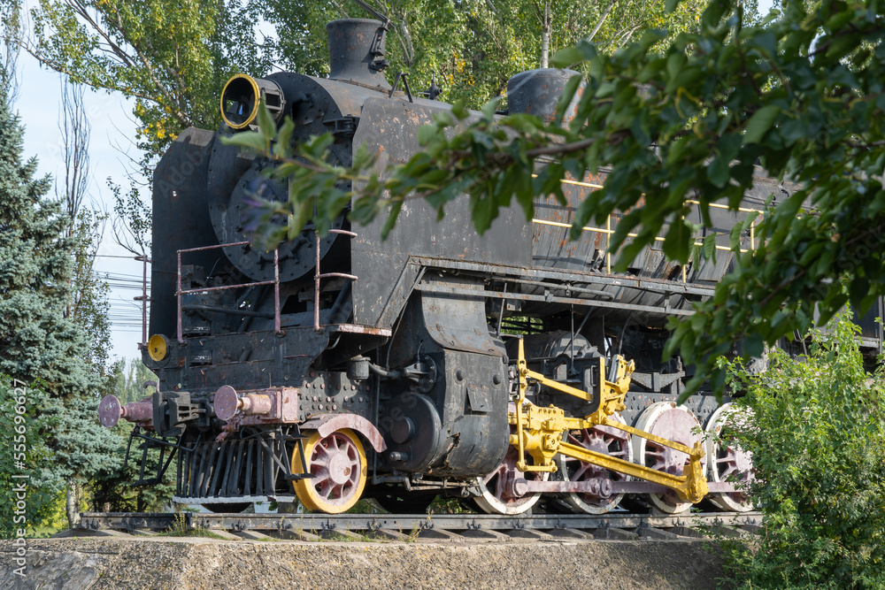 Monument old soviet locomotive. Rarity transport of communism. Steam ...