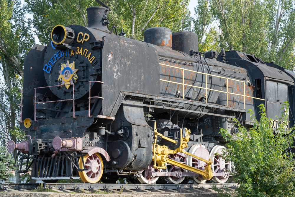 Monument old soviet locomotive. Rarity transport of communism. Steam ...
