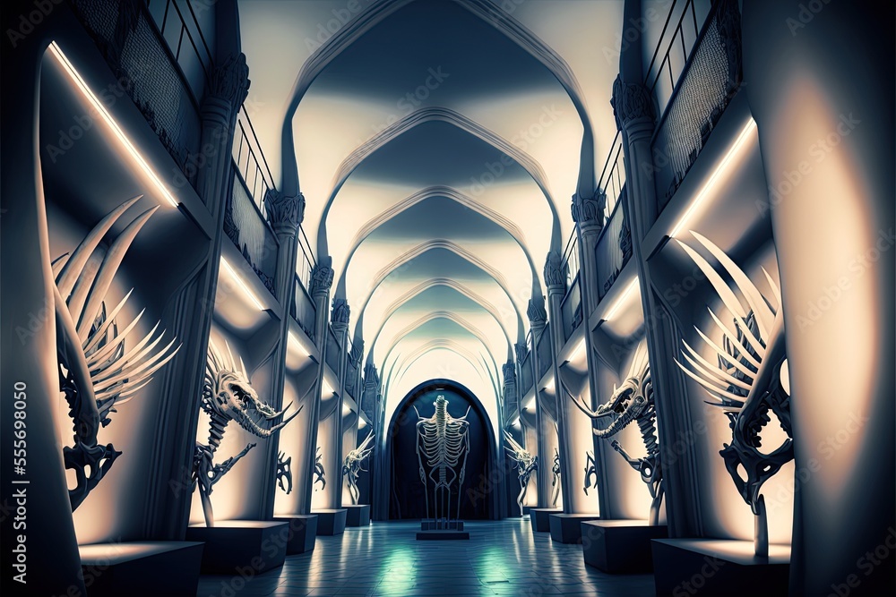 inside of museum from another world of science fiction with alien ...