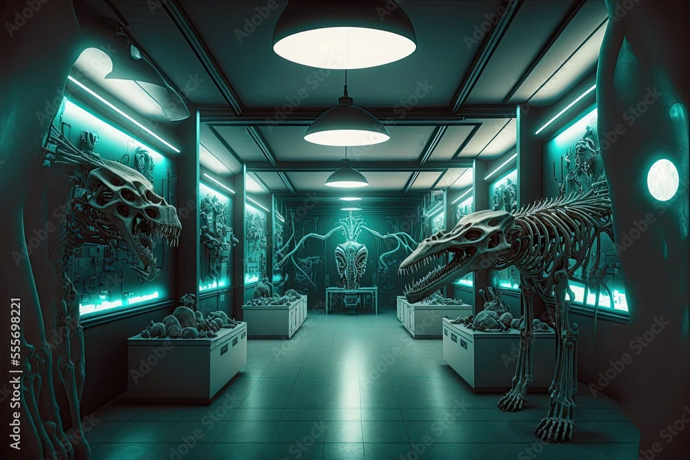 Museum inside with science fiction elements and a gathering of alien ...