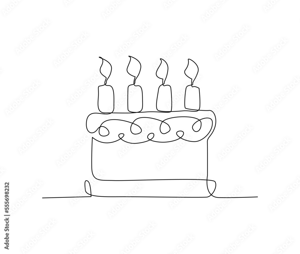 Continuous one line drawing of birthday cake with candles. Party ...