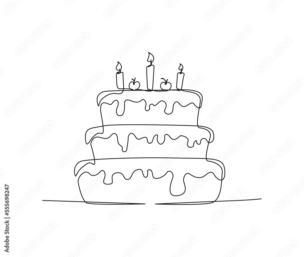 Continuous one line drawing of birthday cake with candles. Party ...