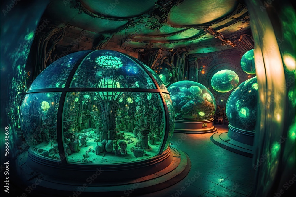 inside of a museum from another world of science fiction with alien ...