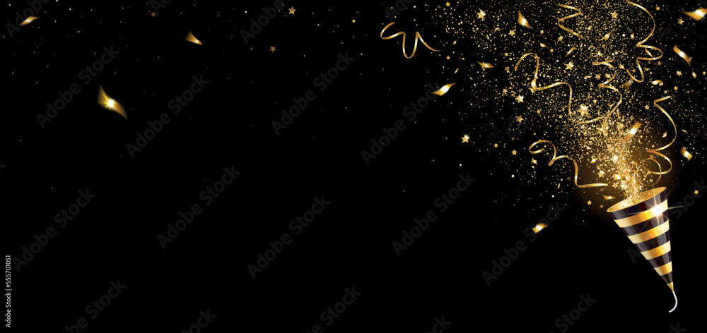 Greeting Horizontal Banner with Explosion Party Popper with Gold ...