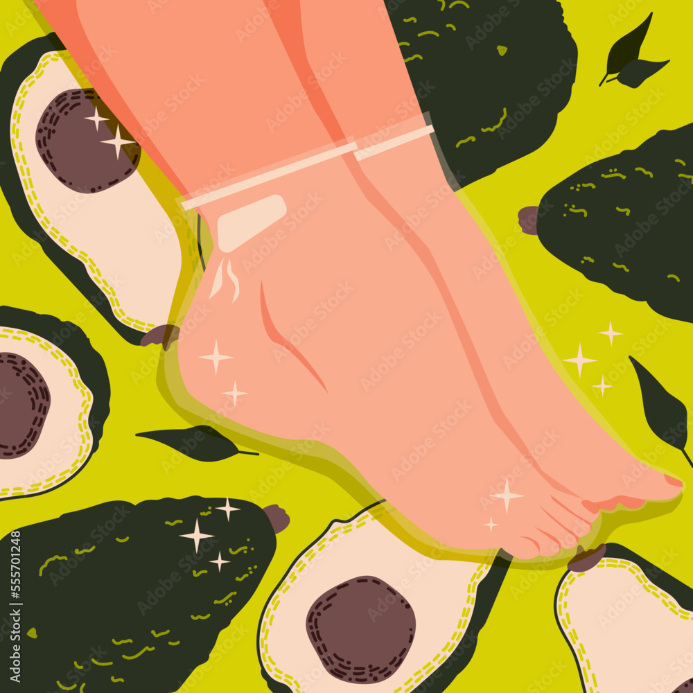 Foot mask concept. Beautiful female legs. Background of green avocado ...