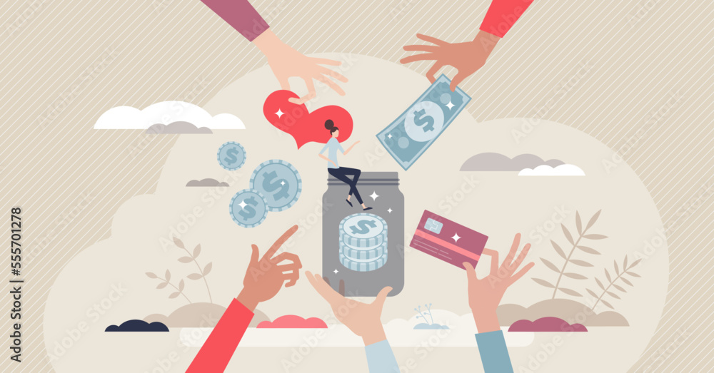 Charity donation and money sharing for support and help tiny person ...