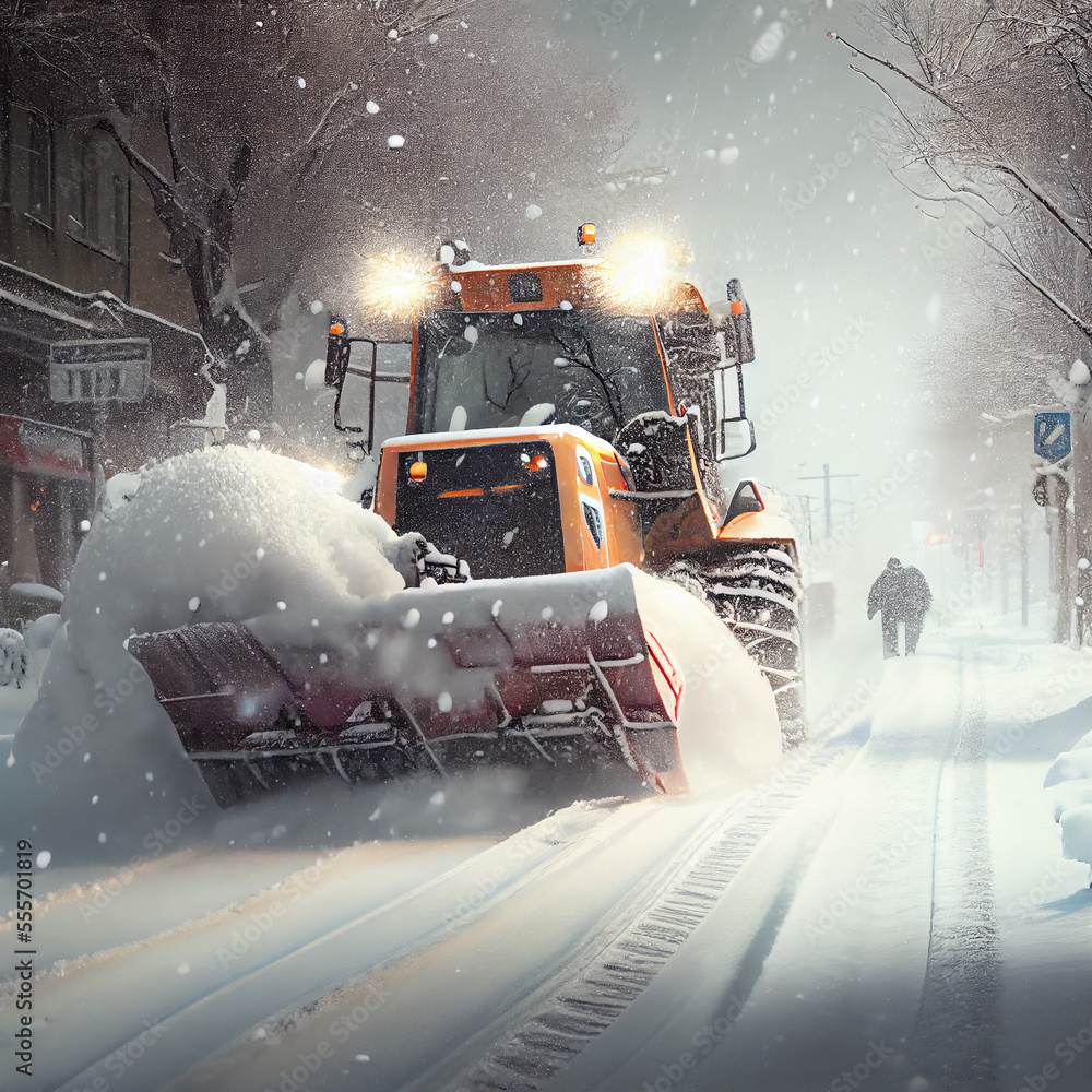 Photo & Art Print snow blower clearing the snowy road. Generative AI ...
