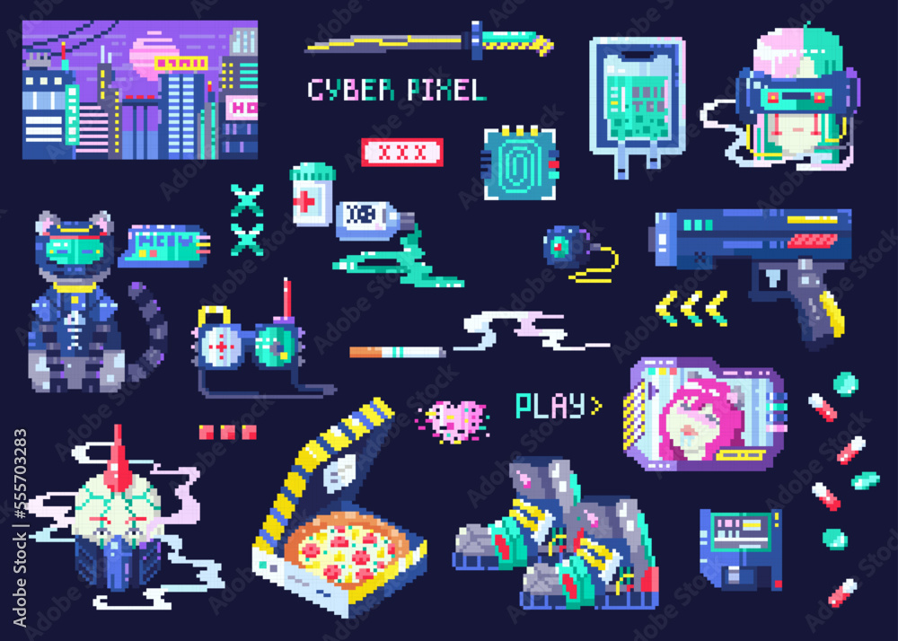 Pixel art cyberpunk. Retro futurism collection of decorative icons and ...