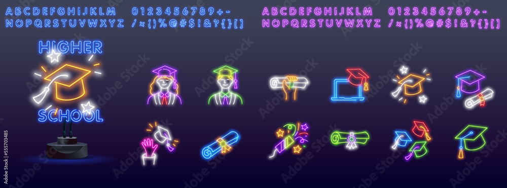School neon icons set. Back to School neon signs design template ...