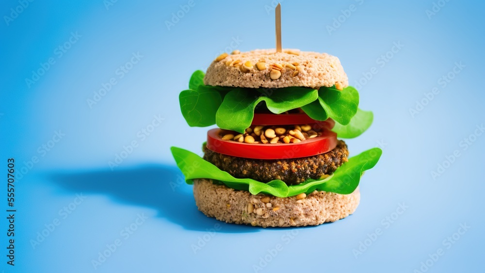 Plant-based burger topped with green vegetables. The patty is made from ...