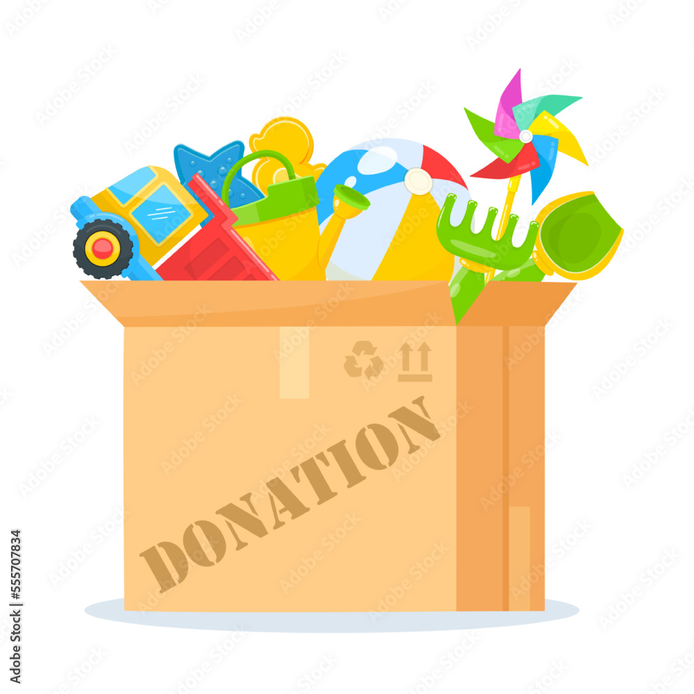 Donation box with toys for kids vector illustration. Cartoon drawing of ...
