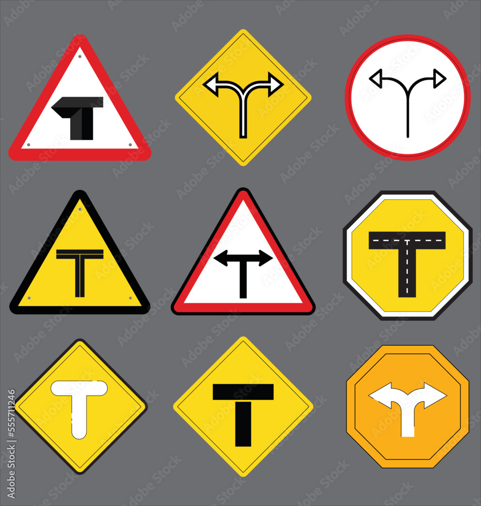 Vector illustration of crossroads traffic sign set. Red triangle ...