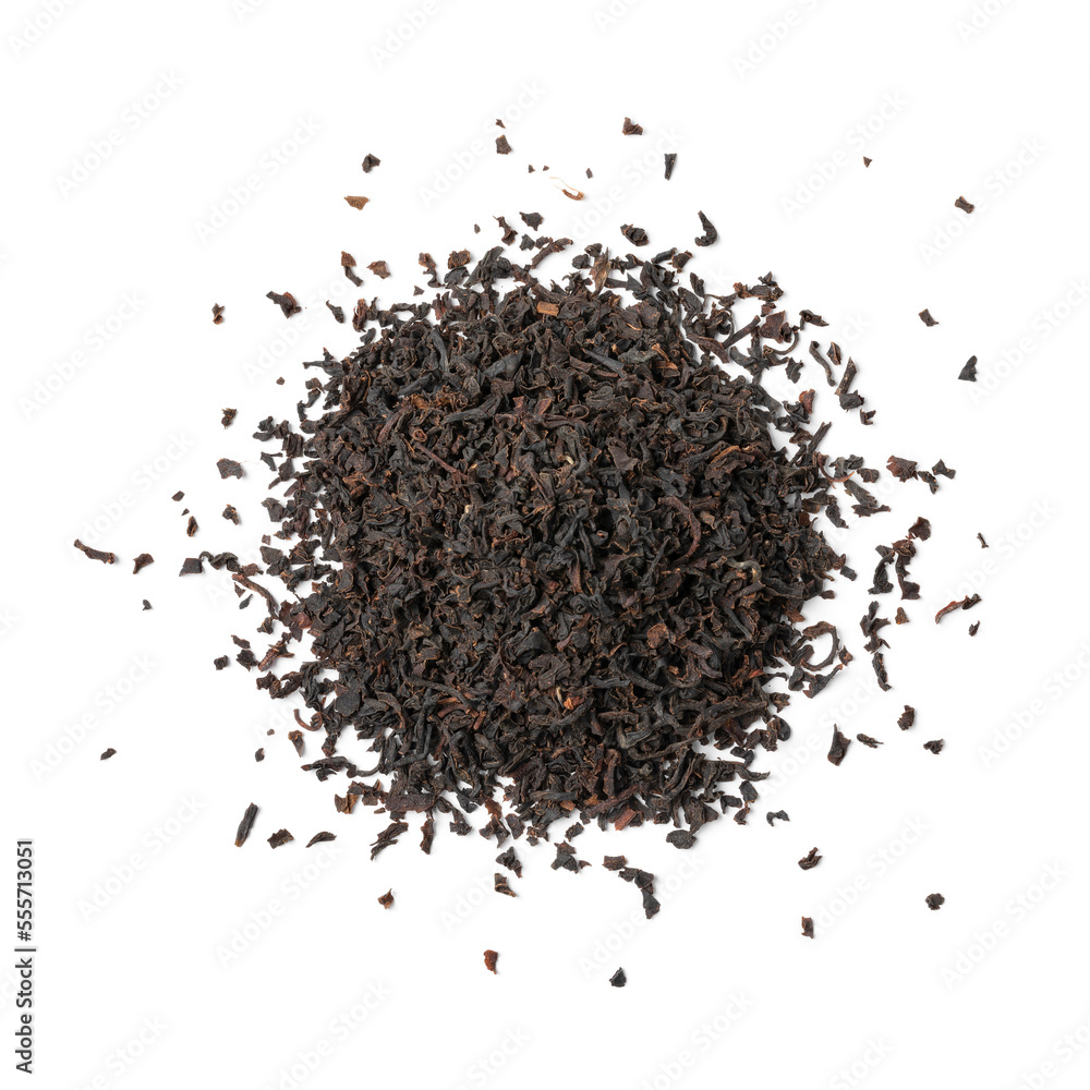Heap of Sri Lanka Uva Highlands dried tea leaves close up isolated on ...
