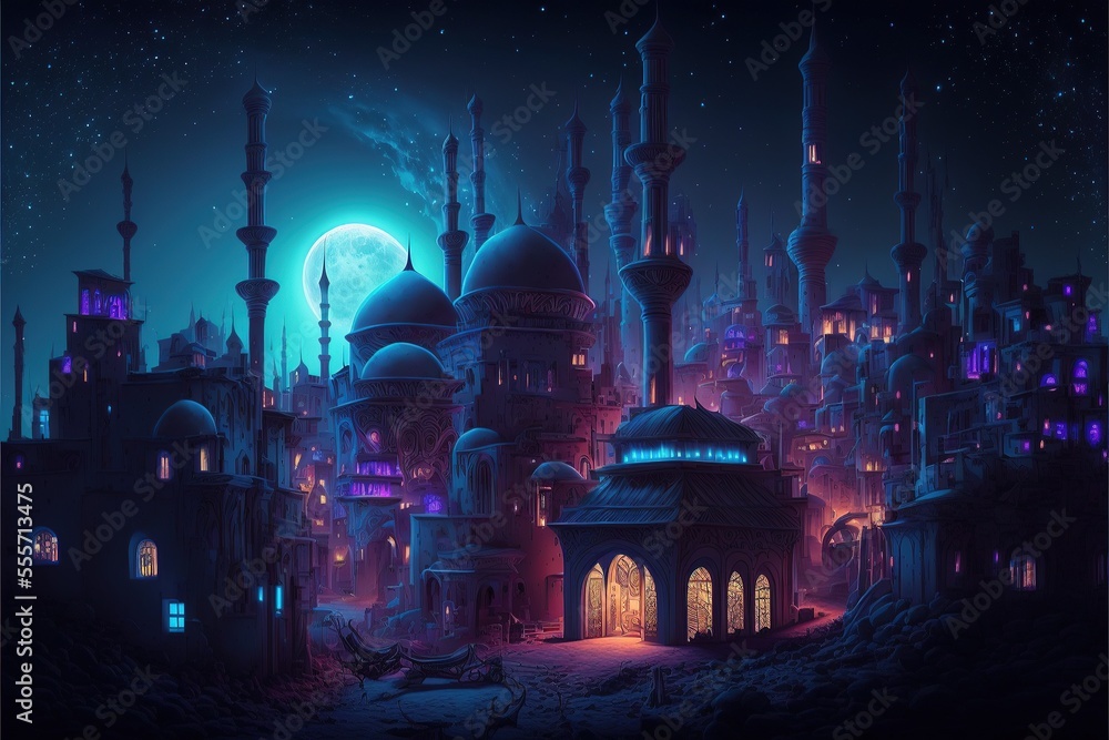 Fairy-tale Arabian night city with towers and mussels. Night neon ...