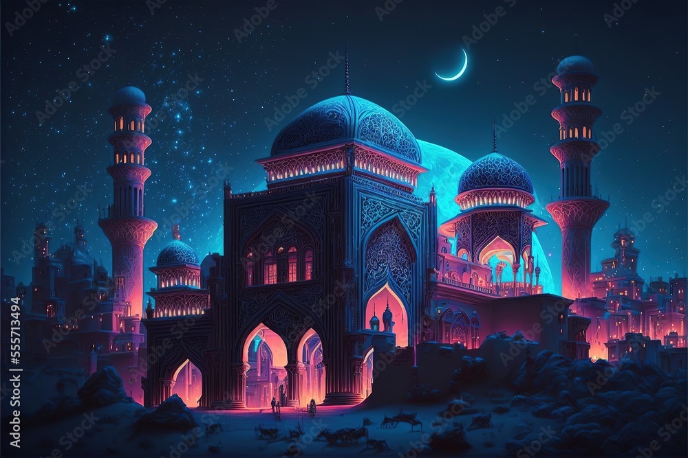 Fairy-tale Arabian night city with towers and mussels. Night neon ...