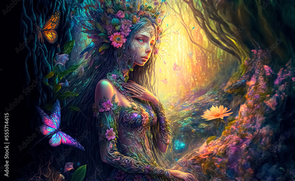 Dreamy fairy with wings in a fantasy magical enchanted forest with butterflies, magic flowers ...