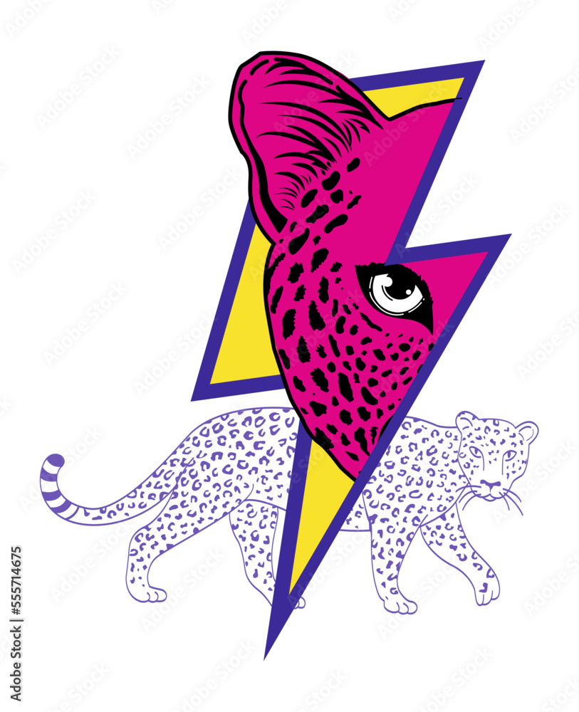 T-shirt design with the symbol of thunder and a leopard isolated on ...