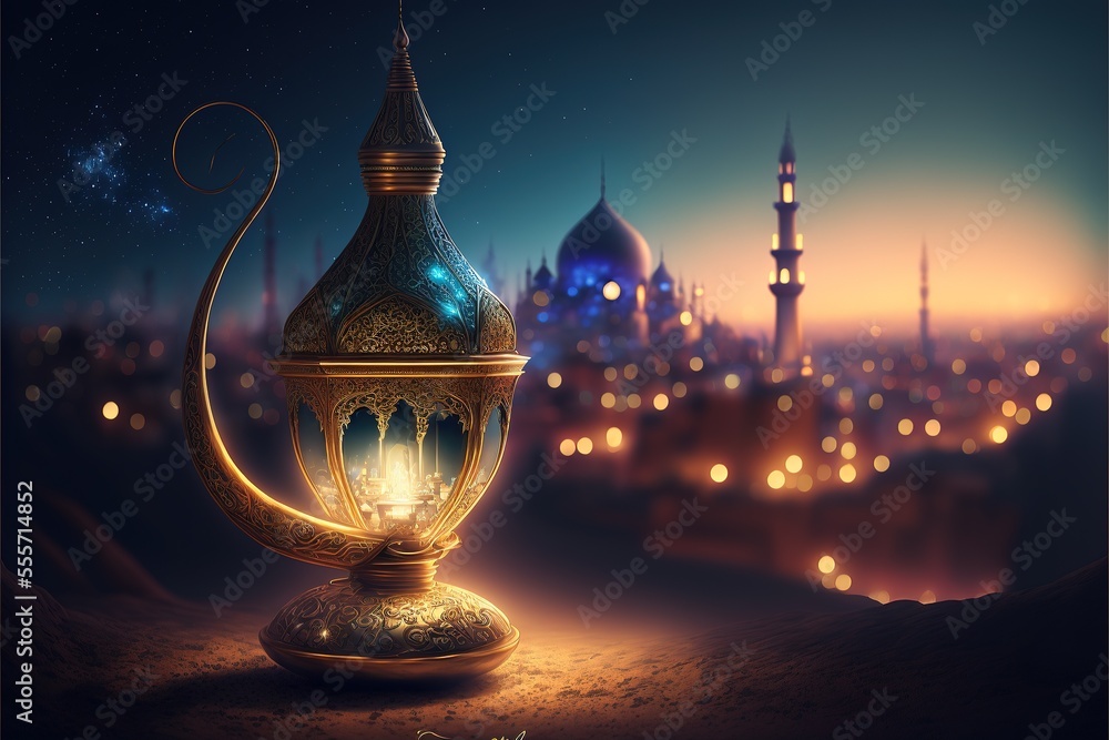 Magic Oriental golden lamp with magical light against the backdrop of ...