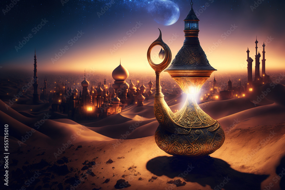 Magic Oriental golden lamp with magical light against the backdrop of ...