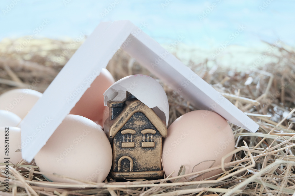 Foto de Eggs and a toy house under a white roof in straw. Sunny ...