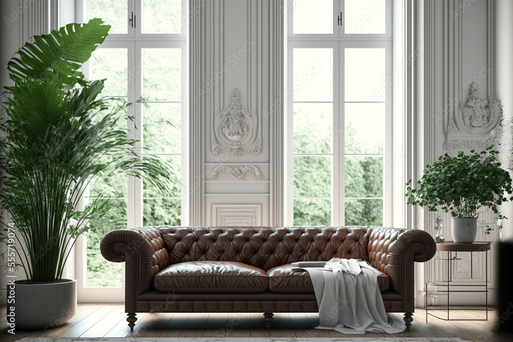 White classic living room interior with a large window and a large ...