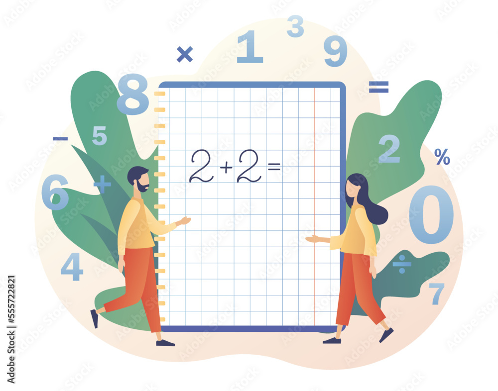 Mathematic class. Arithmetic symbols in notebook. Tiny people learning ...