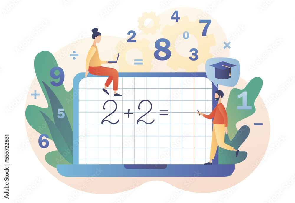 Mathematic class. Arithmetic symbols on laptop screen. Tiny people ...