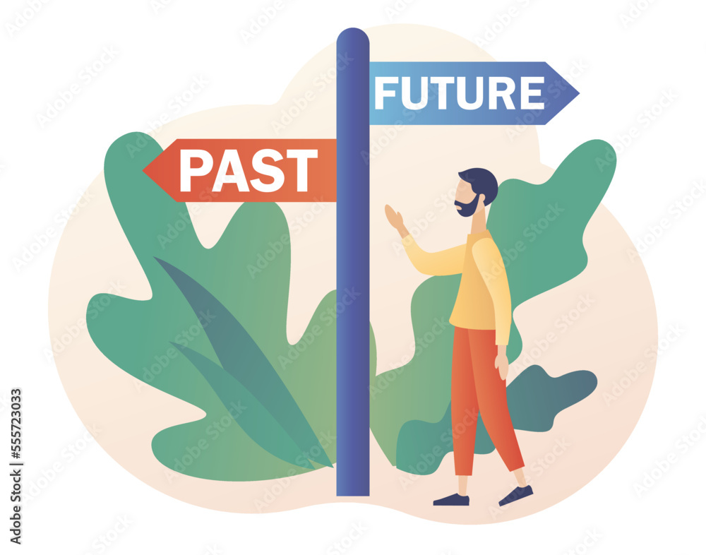 Past and future concept. Move forward metaphor. Tiny man choice between ...